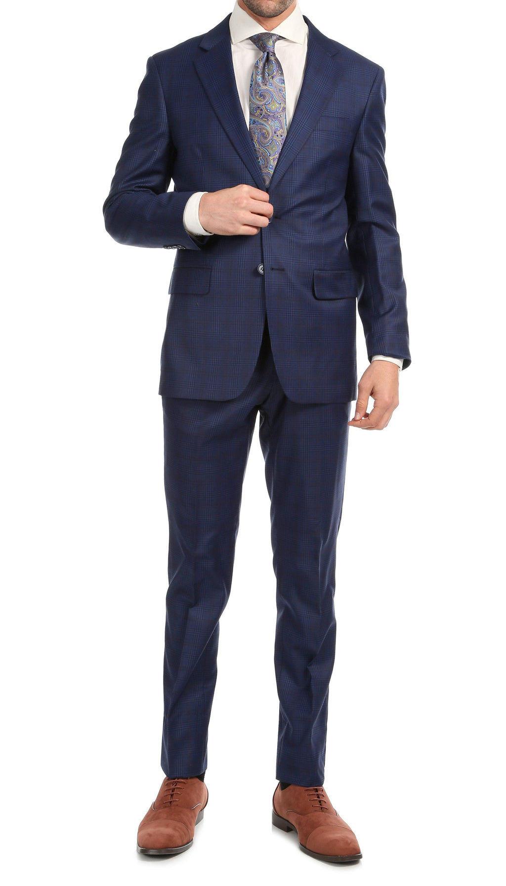 Yves Blue Plaid Check Men's Premium 2 Piece Wool Slim Fit Suit – FHYINC